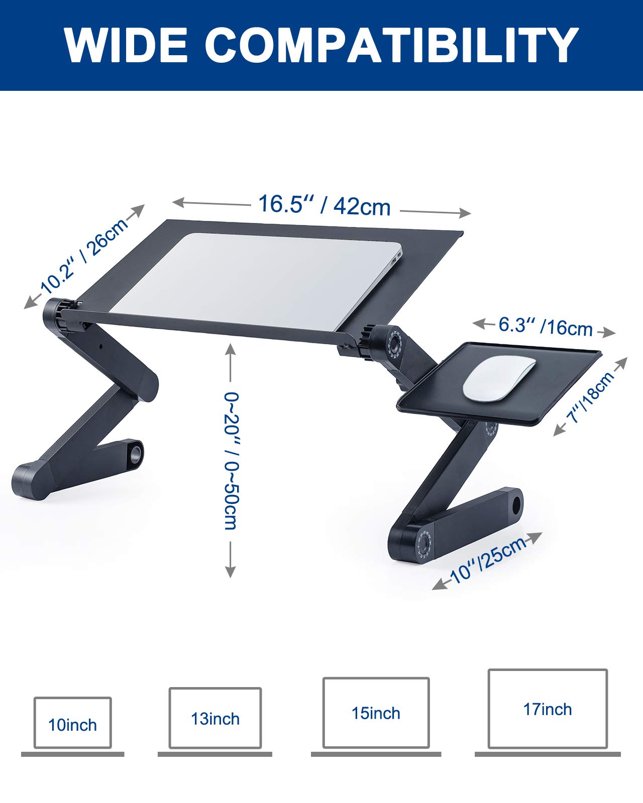 Adjustable Laptop Stand, RAINBEAN Laptop Desk with 2 CPU Cooling USB Fans for Bed Aluminum Lap Workstation Desk with Mouse Pad, Foldable Cook Book Stand Notebook Holder Sofa, Bed Table Office Tray