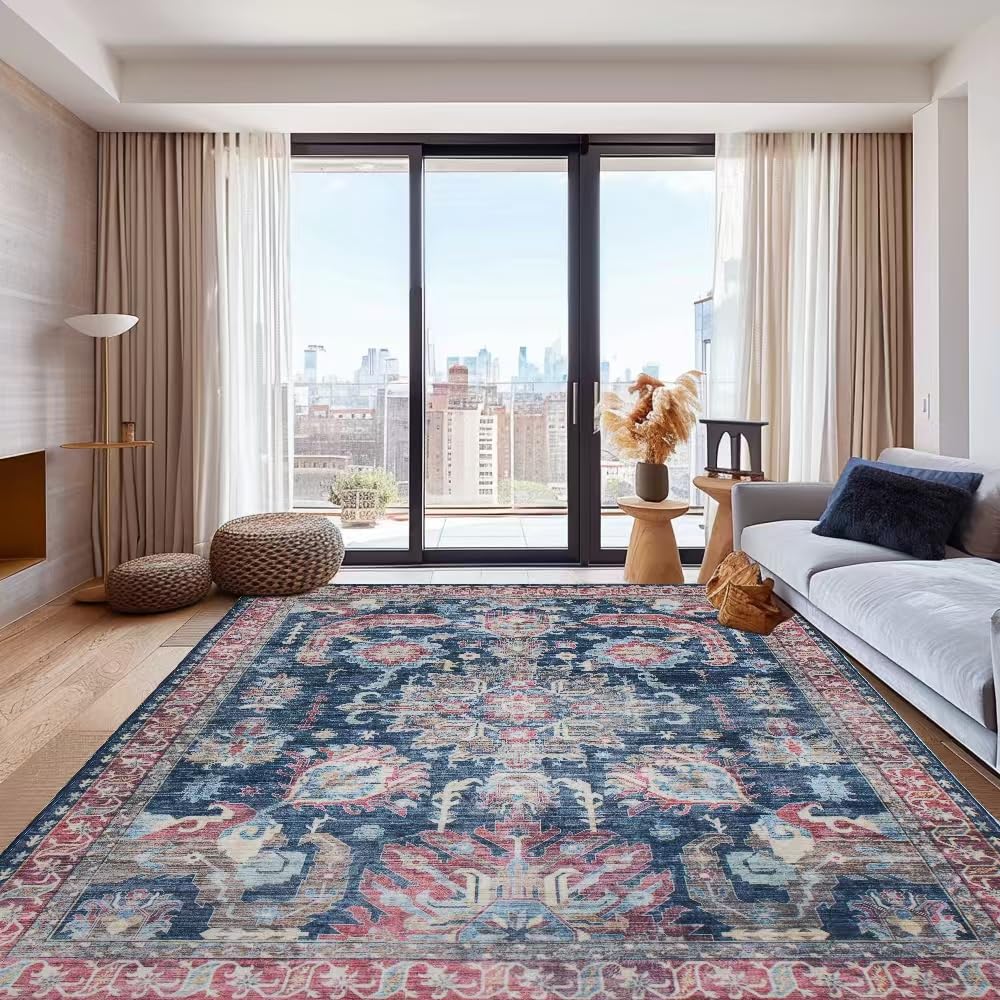 Area Rug for Living Room Machine Washable Rug for Bedroom Vintage Rug Non-Slip Backing Dinning Room Carpet Soft Low-Pile (Green Rust, 5 * 7)