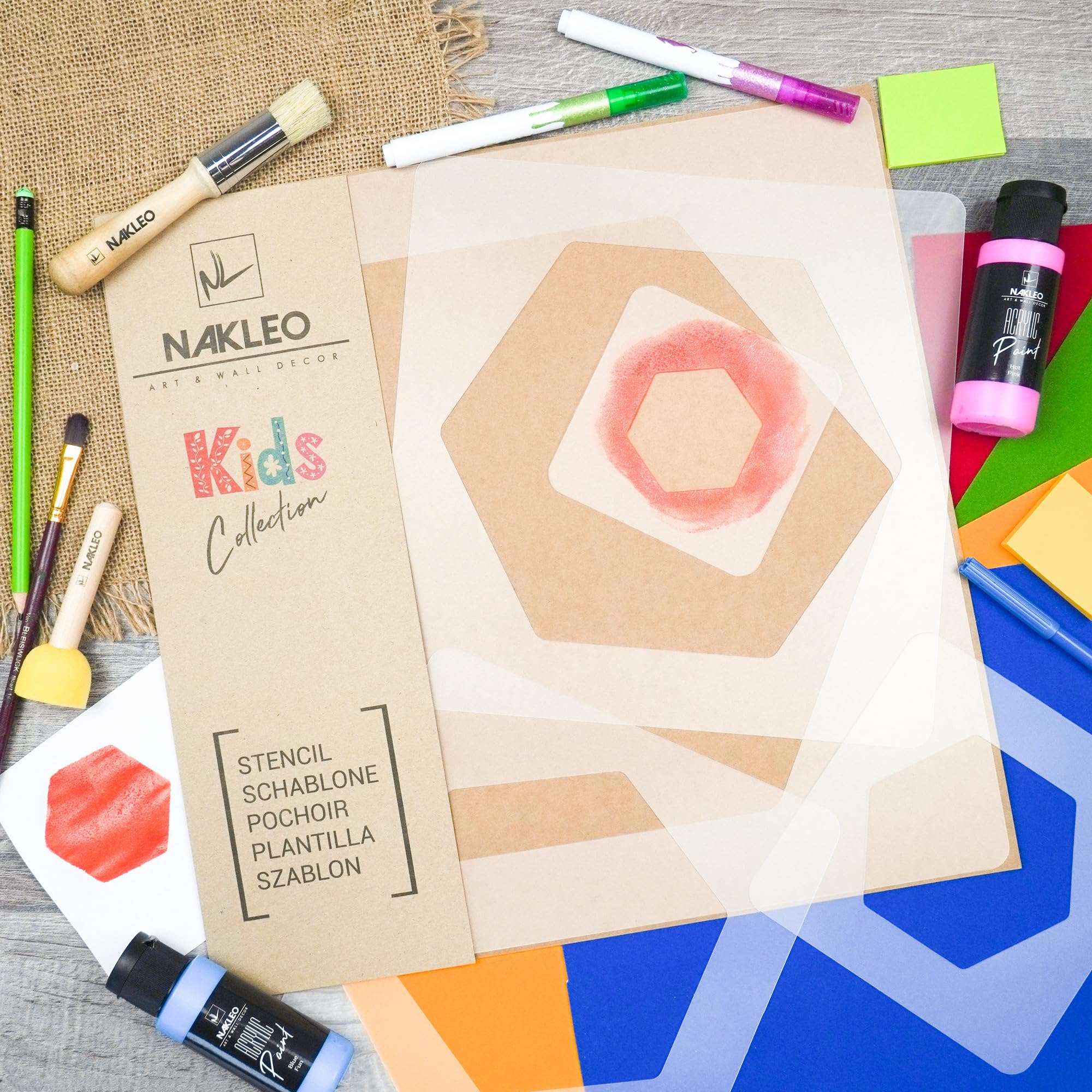 NAKLEO 5 pcs Reusable Plastic Stencils - Honey Honeycomb Hexagon - 13.4" to 3.5" - Pattern Children Kids Painting Template Room Decor - Craft DIY Wall Furniture