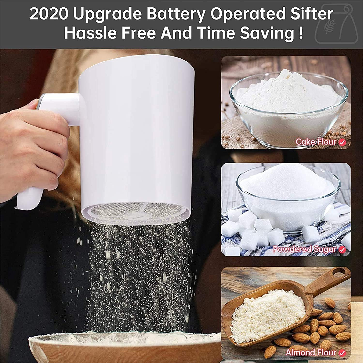 Battery Operated Electric Flour Sifter,Kinberry For Baking - Washable Bowl - 4 cup Flour Sieve Easy to Clean - Fine Stainless Steel Mesh Ergonomical Handle, White, FBA-flour