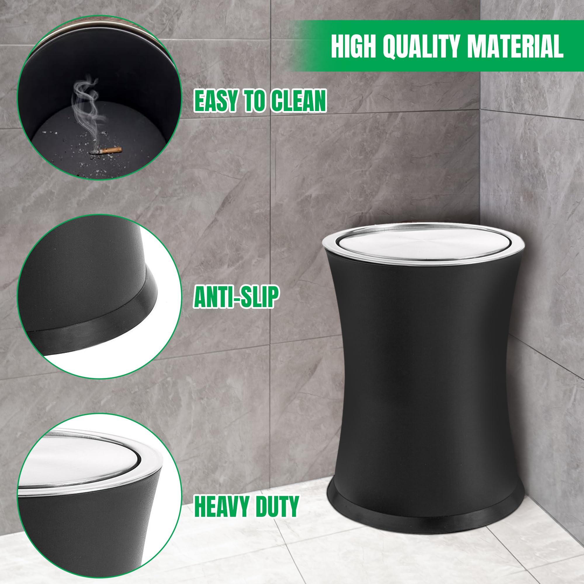 Bennett Swivel-A-Lid Small Trash Can, Metal Attractive 'Center-Inset' Designed Wastebasket, Modern Home Décor, Round Shape (Black)