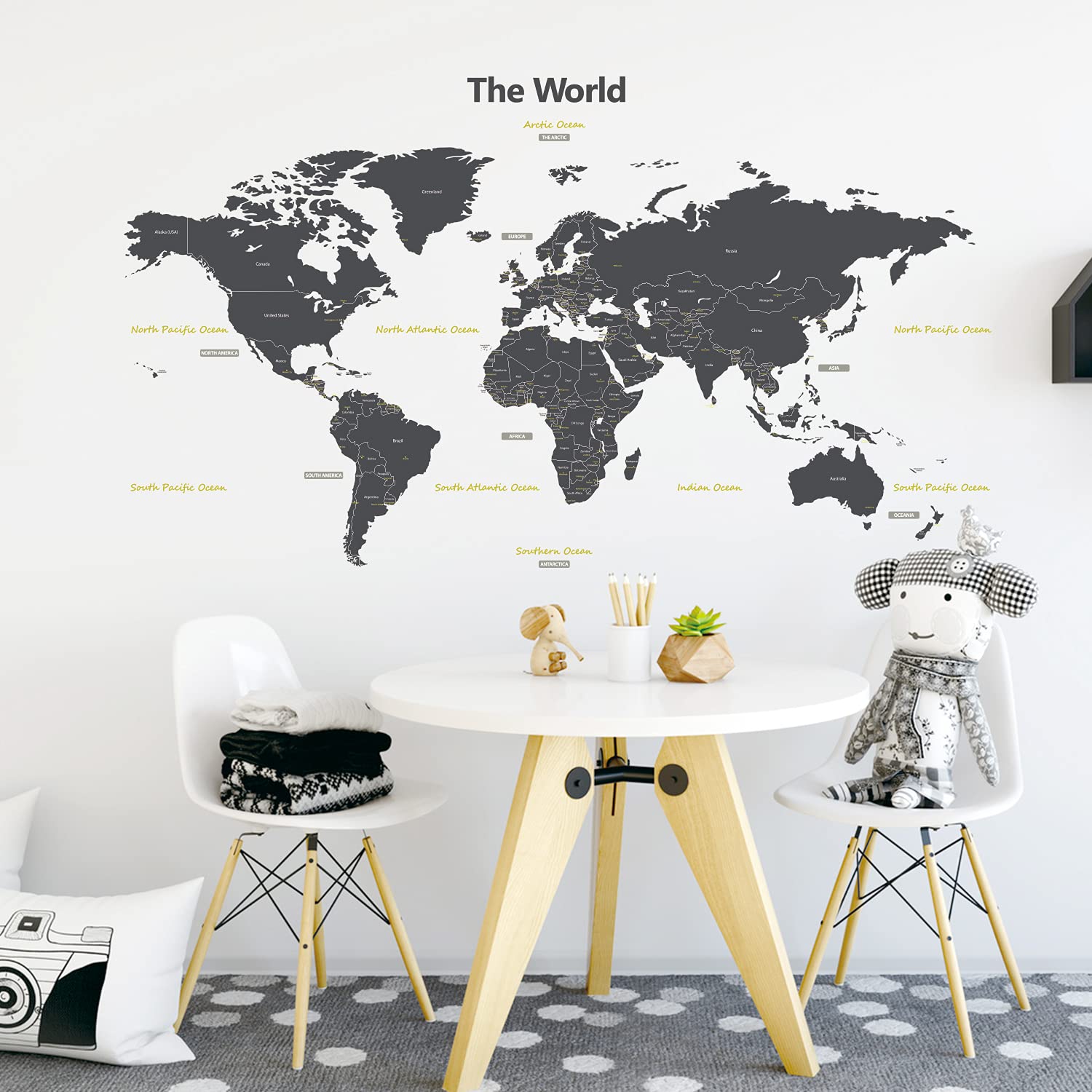 DECOWALL DL2-1509G Large Modern Grey World Map Kids Wall Stickers (46x27 inch) Wall Decals Peel and Stick Removable Wall Stickers for Kids Nursery Bedroom Living Room Decor