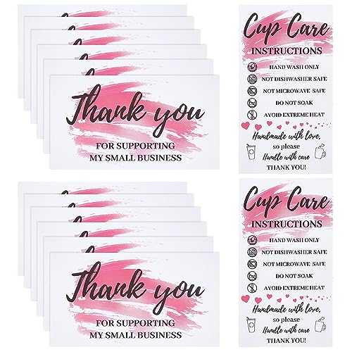 PLIGREAT Tumbler Cup Cards, Double Sided Tumbler Care Instructions Cards Cups Care Cards Pink Thank You Card Customer Direction Cards for Mugs Online Shop Owner Gift Package Insert Card (120 Pack)