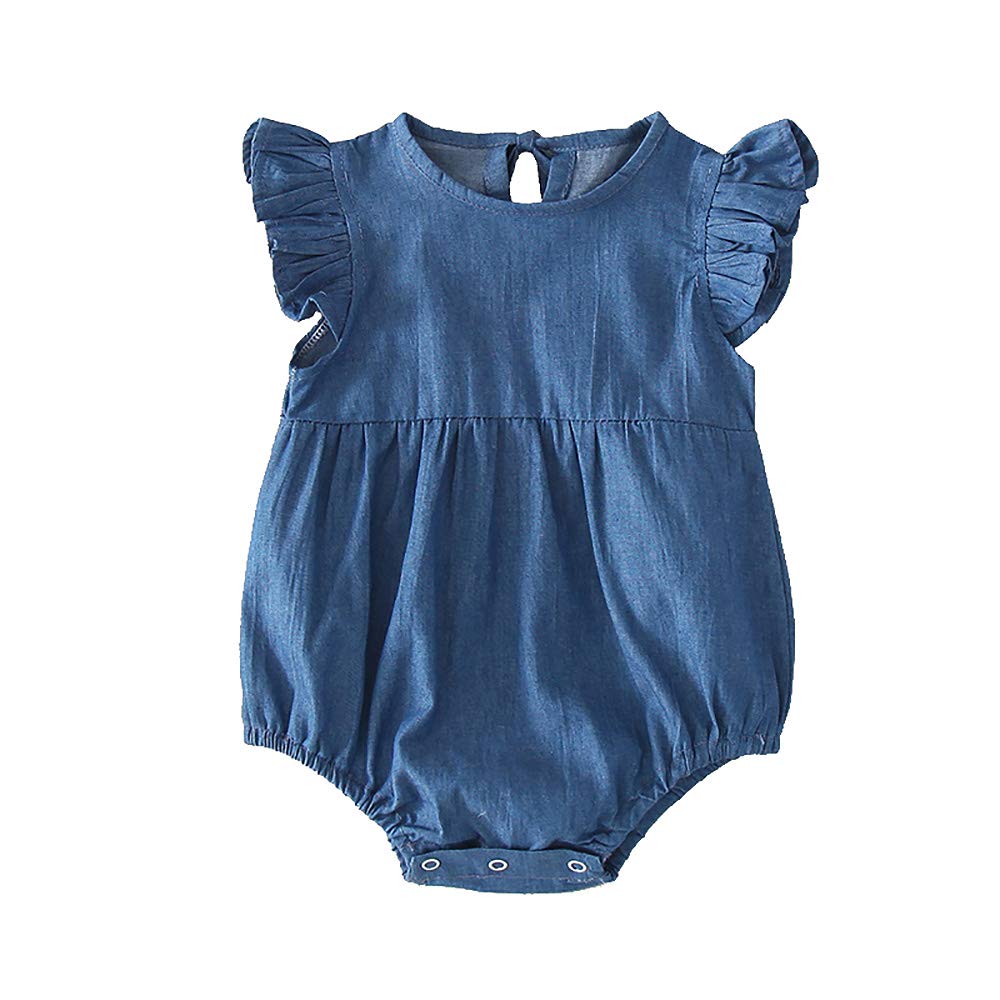 Slowera Baby Toddler Girls Denim Ruffled Bodysuit Blue Soft One-Piece Romper (Blue, 3-6 Months)