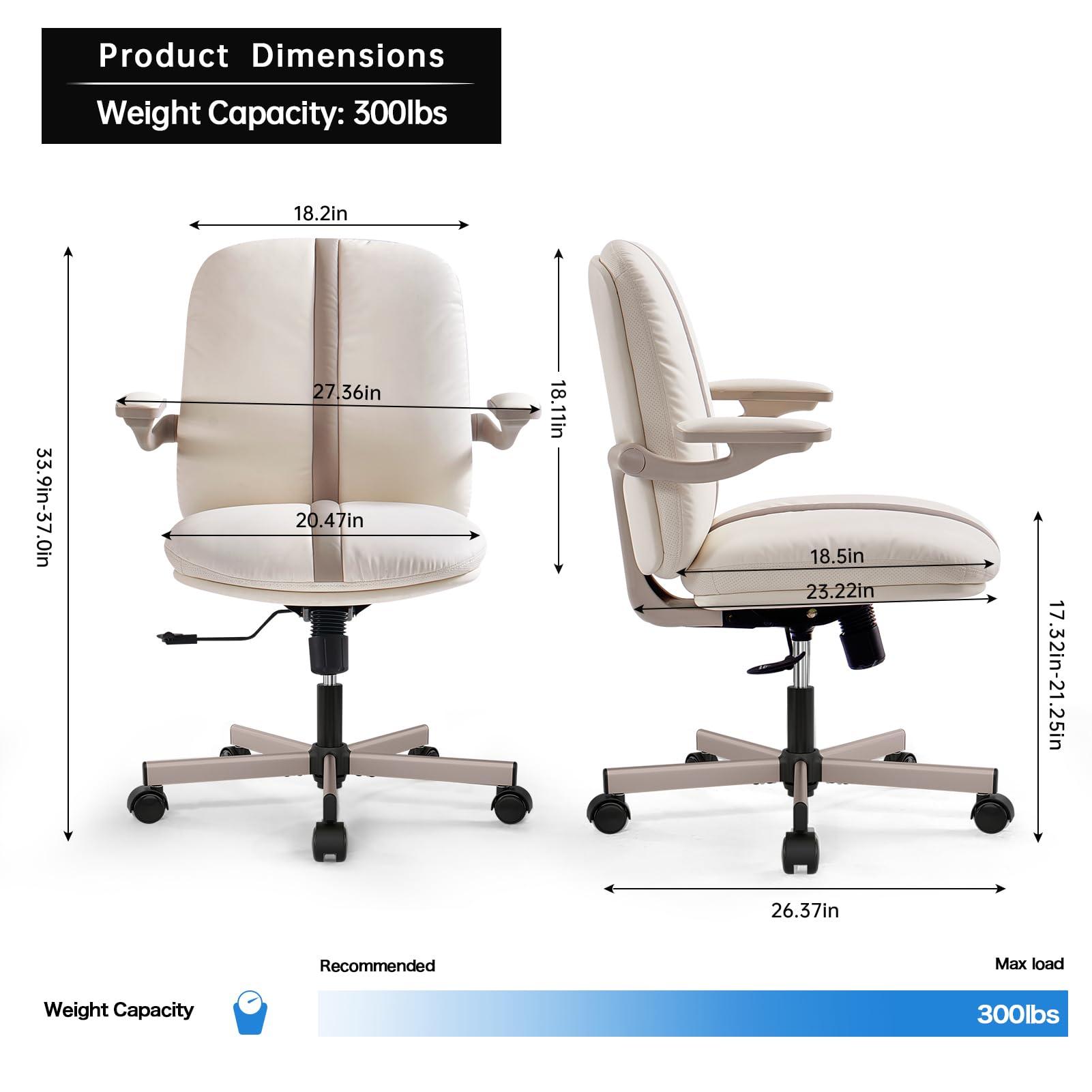 LEAGOO Home Office Desk Chairs with Wheels, Small Desk Chair with Mid-Back, Comfy Flip-up Arms Adjustable PU Leather Swivel Computer Chair, Ergonomic Task Chair for Space Saving, Bedroom, Study, White