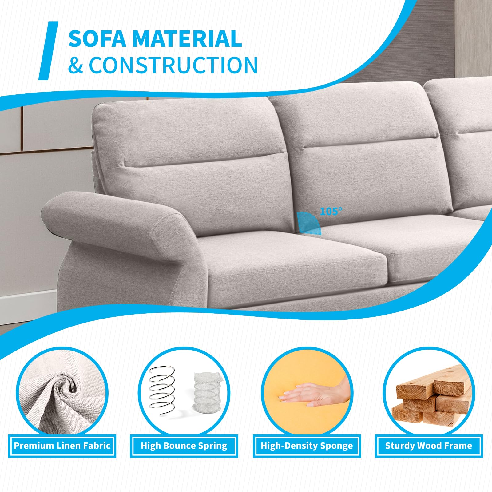 Mjkone 86" Convertible Sectional Sofa Couch, 3 Seat Sofas with 2 USB Ports and Adjustable Armrest, L Shaped Couch with Reversible Chaise, Couches for Living Room Apartment Office - Beige