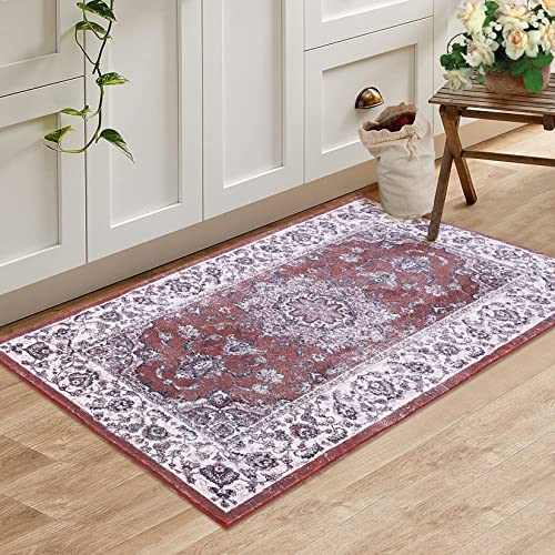 CAROMIO Entryway Small Area Rug Waterproof Non-Shedding Medallion Area Rug Low-Pile Distressed Carpet Machine Washable Rug for Hallway Dining Room, 2' x 3' Red