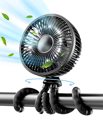 Gaiatop Baby Stroller Fan, 4000mAh Oscillating Mini Portable Fan with Lights, 4 Speeds Battery Operated 360° Rotate Flexible Tripod Small Clip On Fan Handheld Desk Fan for Car Seat Crib Travel Black