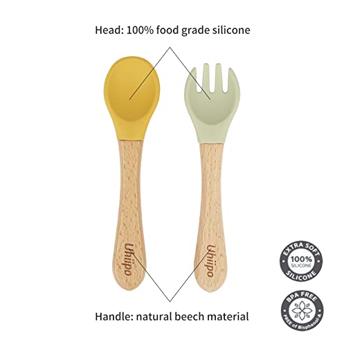 Baby Self Feeding All Natural Beech Wood Fork and Spoon Set - BPA Free, Toddler Tableware, Suitable For Stage 1 Babies - Soft Curved Food Grade Silicone Head, Gum Friendly Training (PINK)