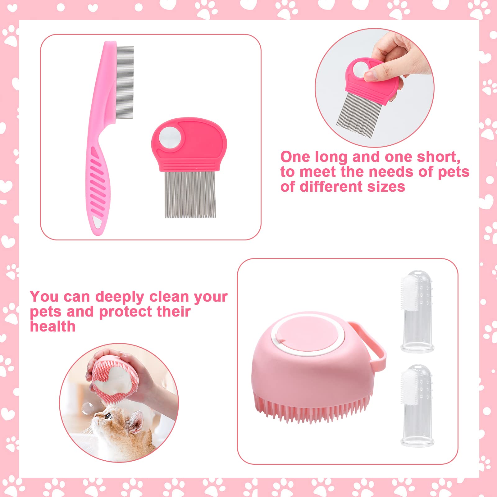 VCZONE 8 Pcs Cat Brush Grooming Kits, Pet Self Cleaning Kit with Pet Nail Clipper and File, Flea Comb, Pet Shampoo Bath Brush, Pet Shedding Brush, Silicone Toothbrush (Pink)