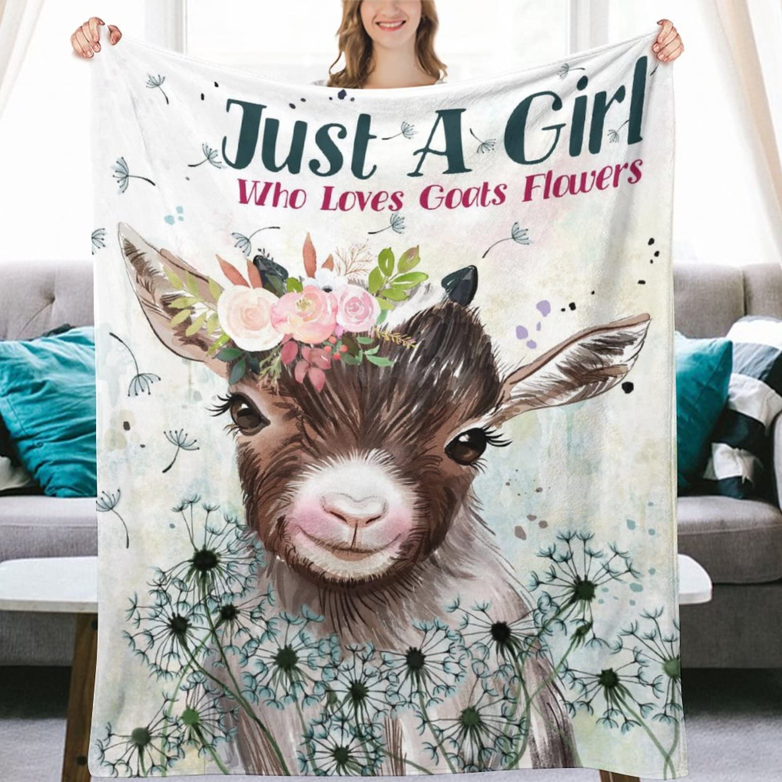 Just A Girl Who Loves Goats Flowers Throw Blanket Flannel Plush Soft Warm Blankets 50"X40" for Kids Adults Gift Sofa Chair Bed Office