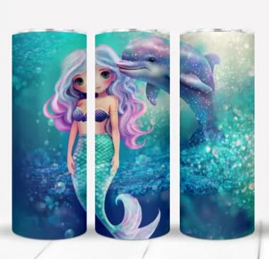 Mermaid and Dophin glitter look tumbler- 20oz skinny tumble stainless steel insulated tumbler with straw and grip pad on bottom - comes in a gift box