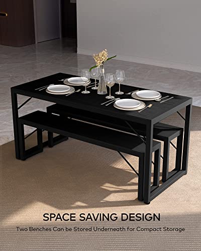 Bealife Dining Table Set for 4, Modern Kitchen Table Set with 2 Benches, 45.5in 3-Piece Soho Dining Room Table Set with Metal Frame and MDF Board, Sturdy Structure, Space-Saving Furniture (Black)