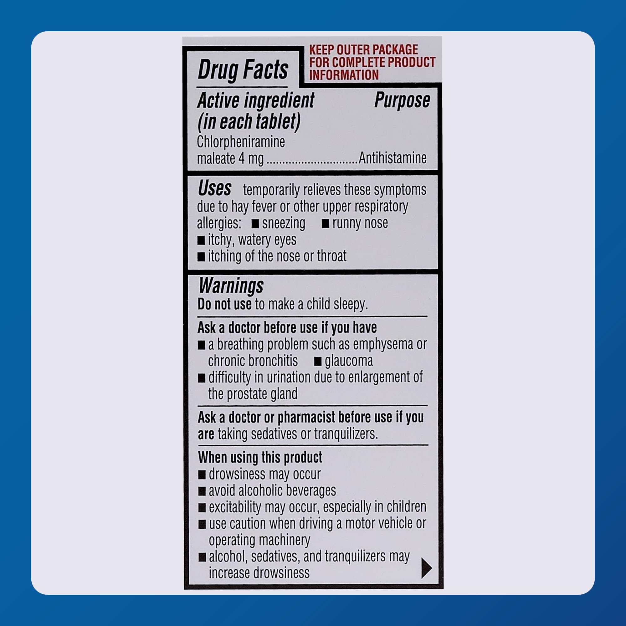MAJOR Chlorpheniramine 4 Mg Tabs - Chlorpheniramine Maleate 4-Hour Allergy Medicine Tablets - Antihistamine for Sneezing, Itchy and Watery Eyes, Itchy Throat, Runny Nose - 100 Tablets per Bottle