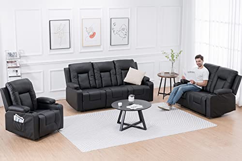 COMHOMA Recline Chair Set,Furniture 3PC Bonded Leather Recliner Set Living Room Set, Sofa with massger(Black, 3+2+1)