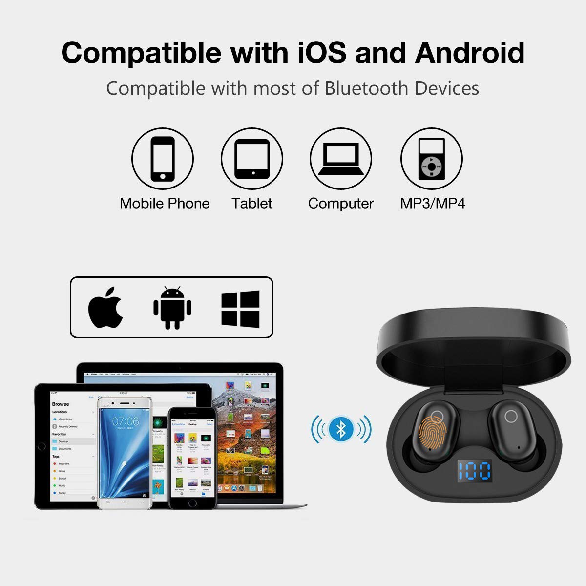 Alpha Digital Touch Control Wireless Ear-Buds, Bluetooth 5.0, Easy Pairing, LED Power Indicator, Noise Canceling, True Stereo Bass Sound Quality, Dust-Proof, Waterproof,12 Hours Play time, Black