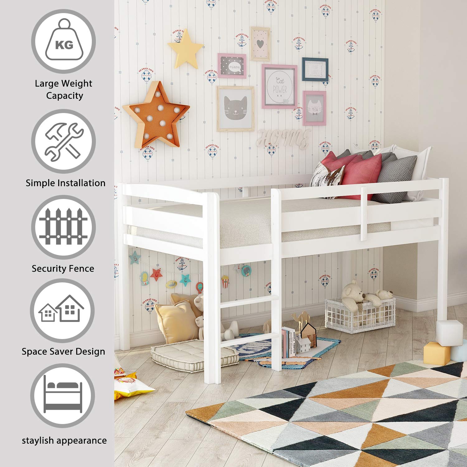 Mirightone Low Kids Loft Bed, Junior Twin Loft Bed with Ladder,Wood Loft Bed Twin for Toddler Children Bedroom,No Box Spring Needed,White