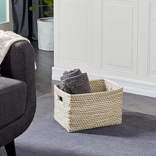 CosmoLiving by Cosmopolitan Seagrass Rectangle Storage Basket with Handles, 15" x 11" x 10", Brown