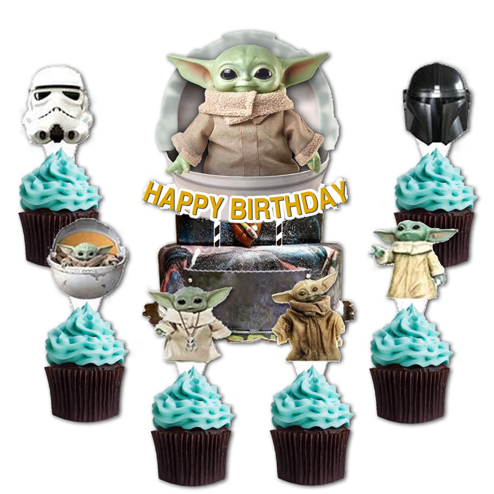 Star Wars Cake Toppers,Baby Child Cake Toppers,25pcs Cupcake Toppers,Baby Child Birthday Party Supplies Cake Decorations For Baby Shower Party Supplies,Space Theme Party Decoration,Mandalorian Theme
