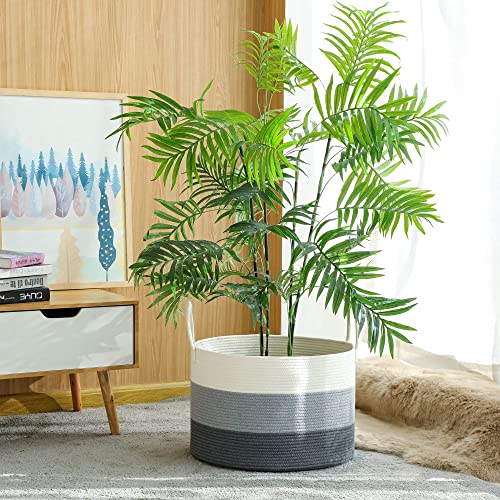 KAKAMAY Large Cotton Rope Blanket Basket (20"x13"),Woven Baby Laundry Hamper,Blanket Basket for Nursery, Laundry, Living Room, Pillows, Toys (White/Beige/Grey)