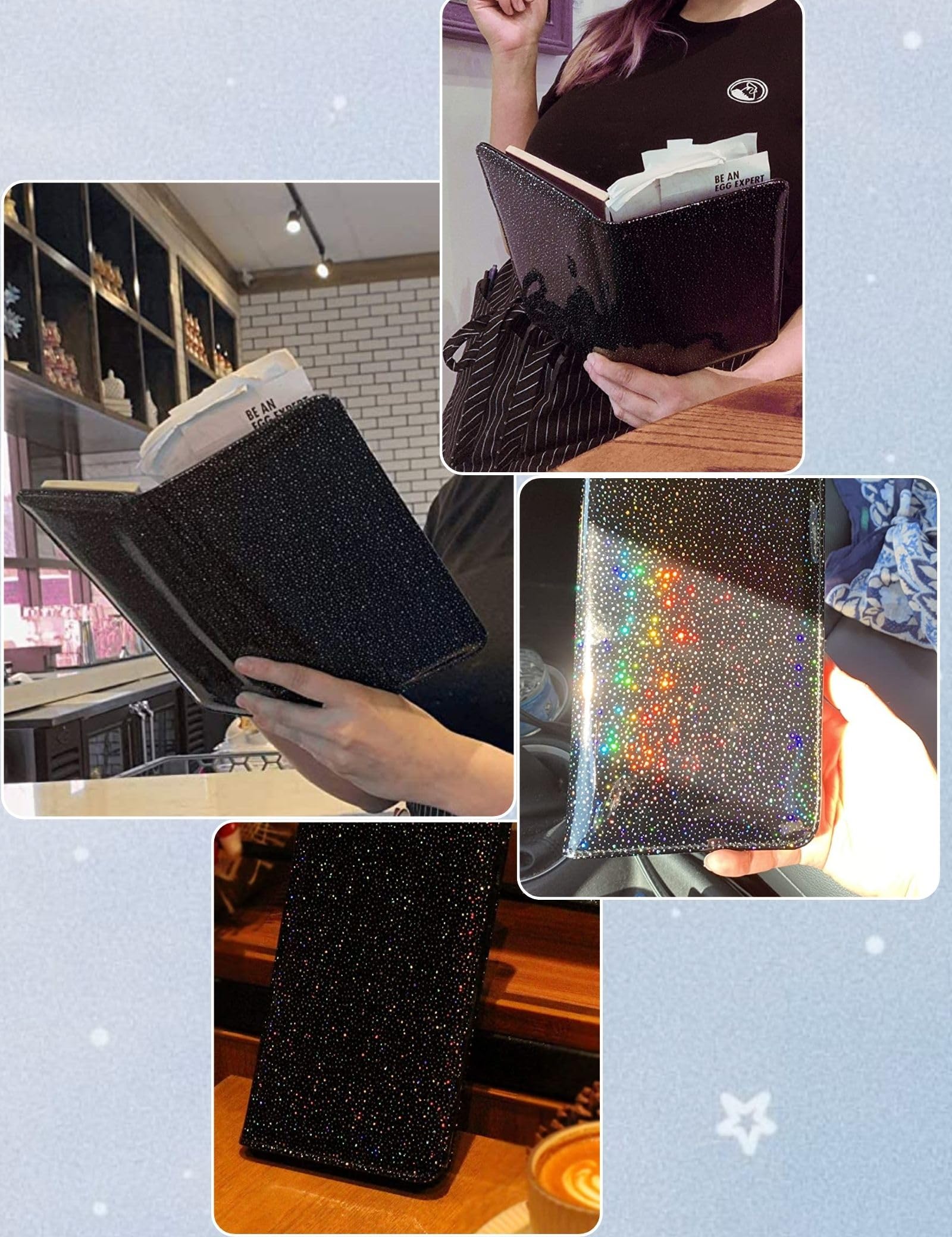 Glitter Black Server Book for Waitress Book Server Wallet Waiter Book Cute Bling Waitstaff Organizer Fit Waitress Apron (Glitter Black)