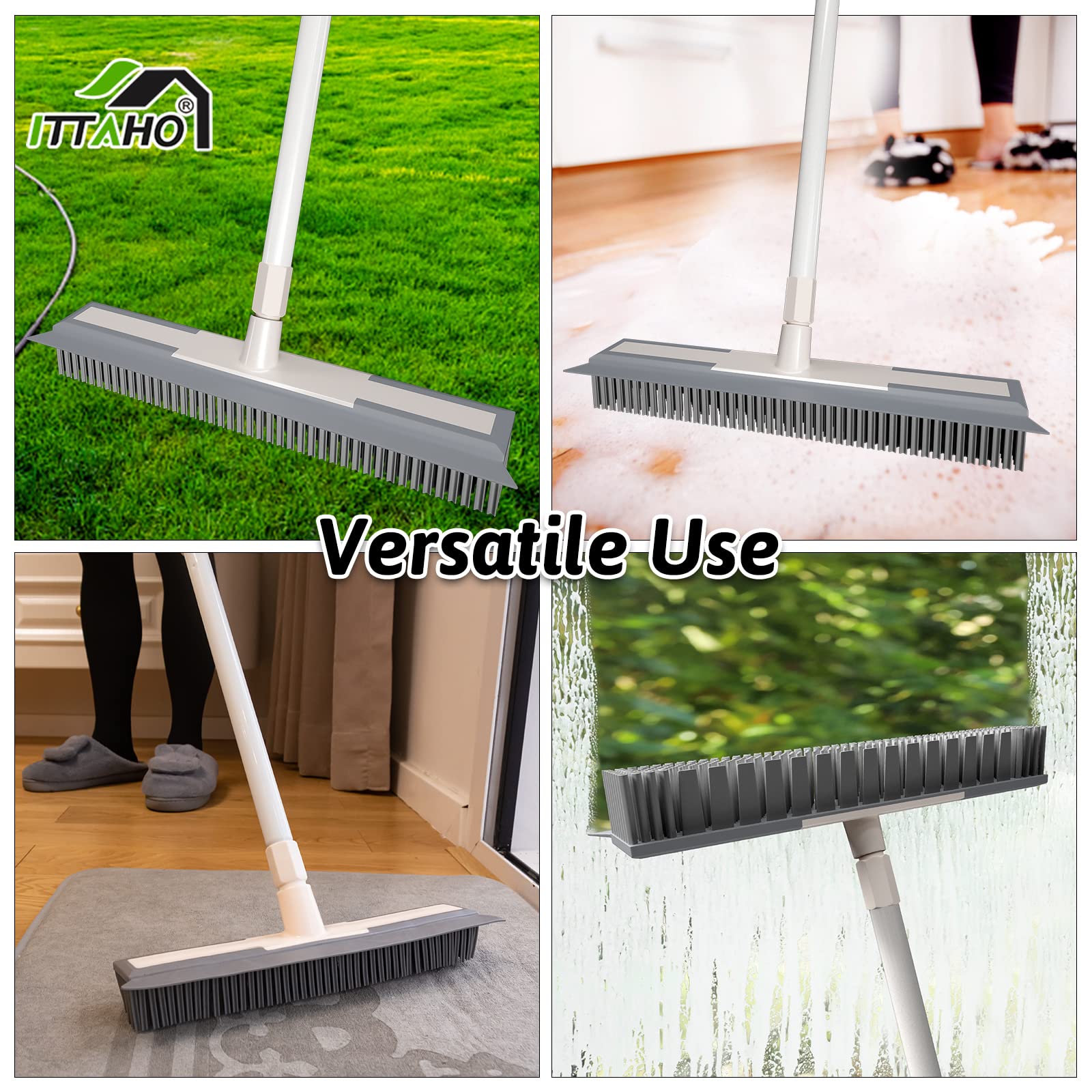 ITTAHO Rubber Broom Carpet Rake for Pet Hair Removal,55" Long Handle Fur Remover Broom with Silicone Squeegee, Carpet Hair Removal Tool for Carpet,Floor,Garage,Tile,Hardwood Floor,Garage
