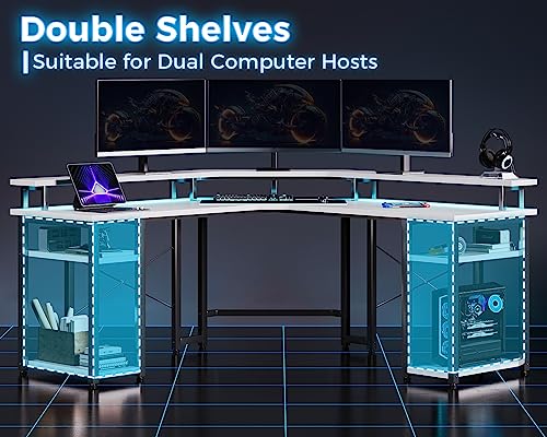 Coleshome L Shaped Gaming Desk with LED Lights & Power Outlets, Reversible 56" Computer Desk with Full Monitor Stand & Storage Shelves, Ergonomic Home Office Corner Desk, White