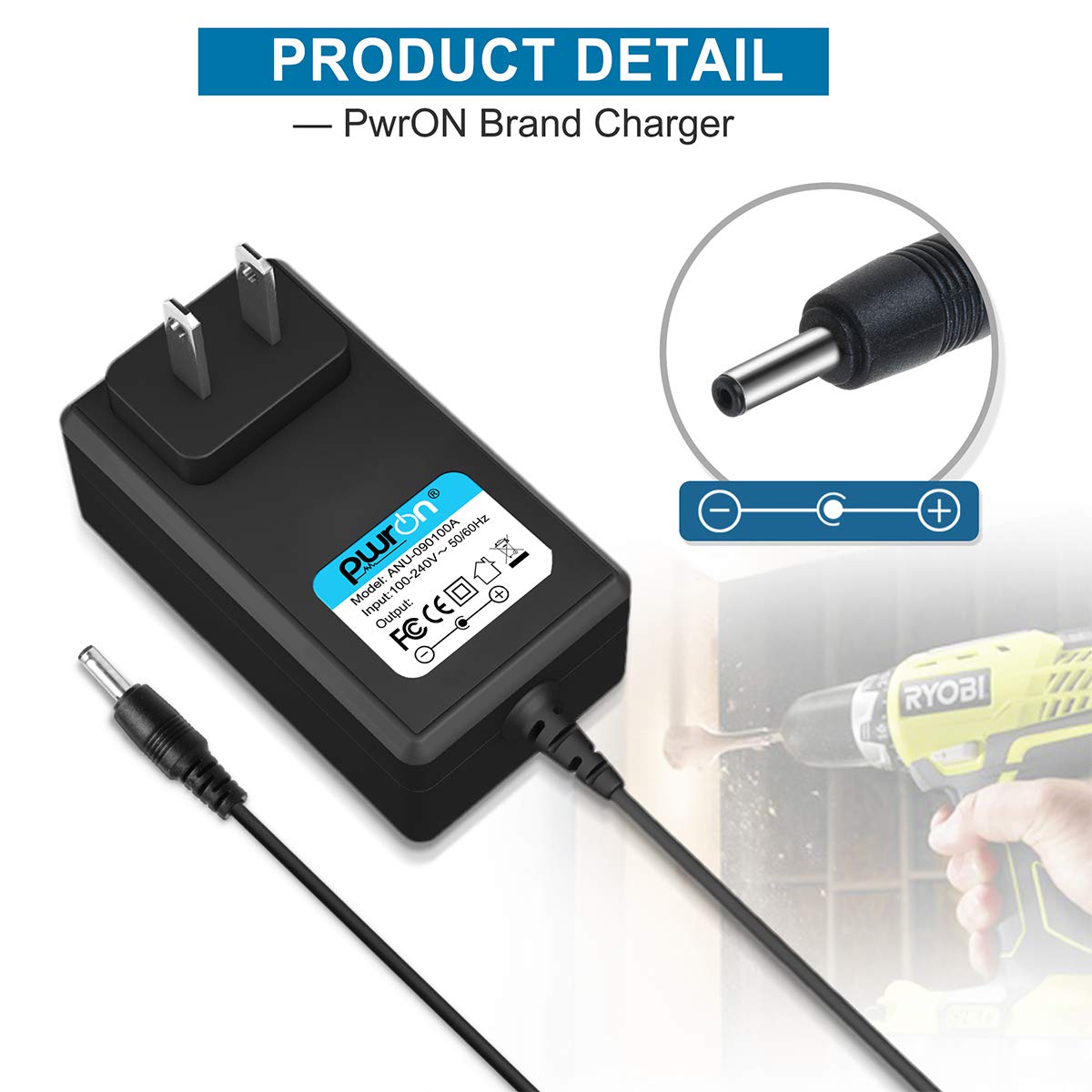 PwrON 6.6FT 9V AC to DC Adapter Compatible with Ryobi HP108L 8-Volt Lithium-Ion Cordless Kit Drill Driver ZRHP108L SA721, Ryobi CH124 720391002 Class 2 Power Supply Cord