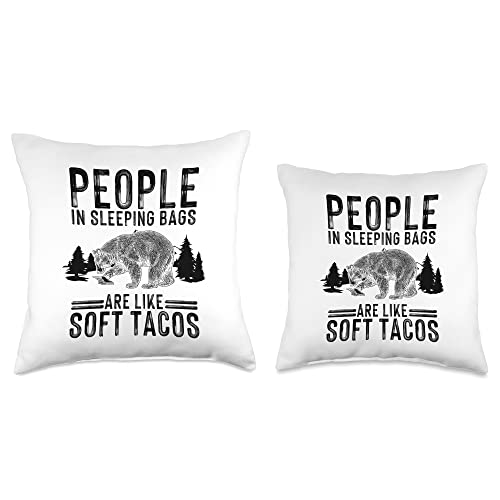 Bear Camping Sleeping Outdoorsy Men Women Designs People in Sleeping Bags are Like Soft Tacos Gift for Campers Throw Pillow, 18x18, Multicolor