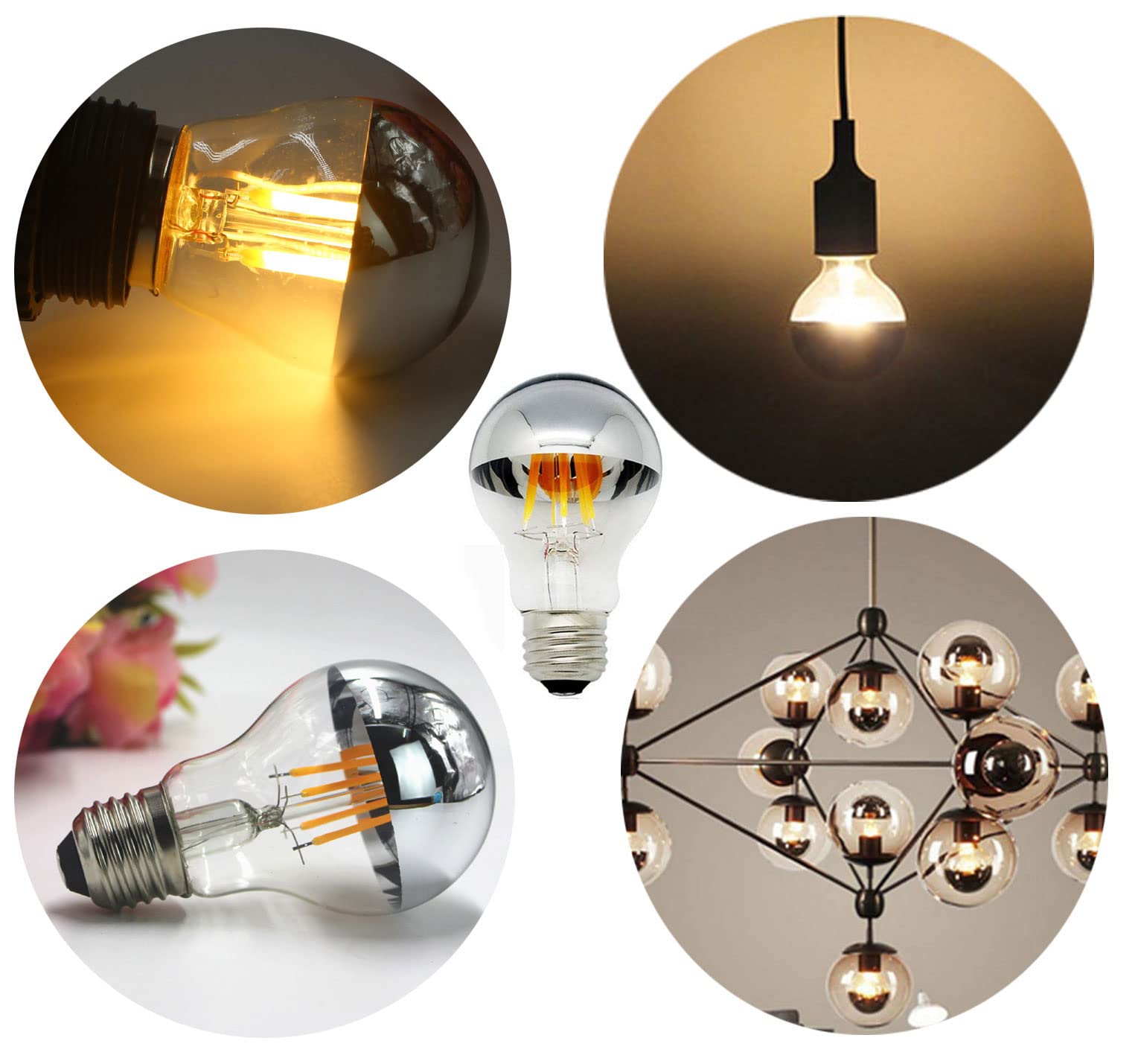 Edearkar A19 Half Chrome Light Bulb 6W Dimmable, E26 Base Daylight White 6000K 60W Equivalent 600lm Decorative Silver Mirror LED Edison Bulb for Indoor Living Room, AC110V, E26 Base, Pack of 4