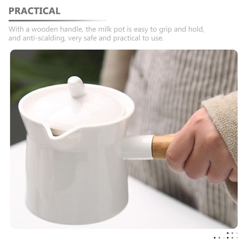 Ciieeo Enamel Milk Pot 350ml Mini Butter Warmer Non-stick Milk Heating Pot Small Enamelware Saucepan with Wood Handle and Lid for Heating Liquid Portions White