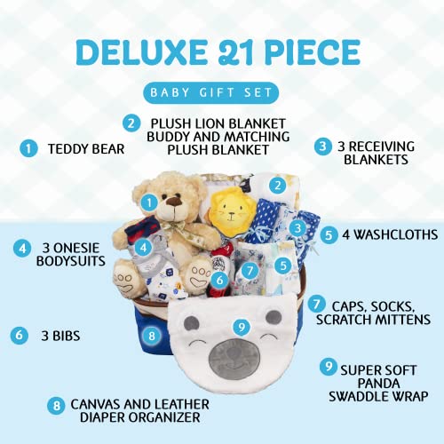 Joyful Arrival Deluxe Baby Boy Gift Set, Baby Layette Set with 21-Piece New Baby Essentials and Canvas Diaper Organizer for Expecting Moms and New Parents, Blue - Nikki’s Gift Baskets