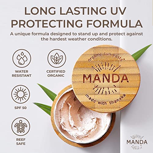 MANDA - Reef Safe Sunscreen - Made of Thanaka, Non-Nano Zinc Oxide & Organic Ingredients - SPF 50 - Travel Size, Waterproof Sunscreen Paste - Applies Thick - 40g