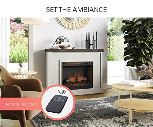 Bridgevine Home Electric Fireplace Mantel with Accent Wood Shelf and Surround, Realistic Logs and Flame Effect, Fireplace TV Stand, Adjustable LED Electric Heater with Remote Control, 48 Inch, White