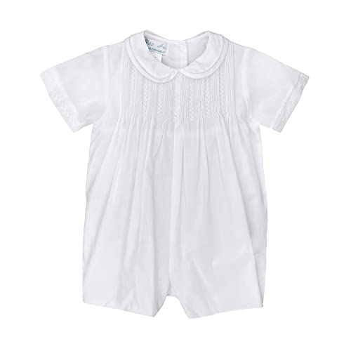 Petit Ami Baby Boys' Romper with Pintucks and Feather Stitching, 6 Months, White