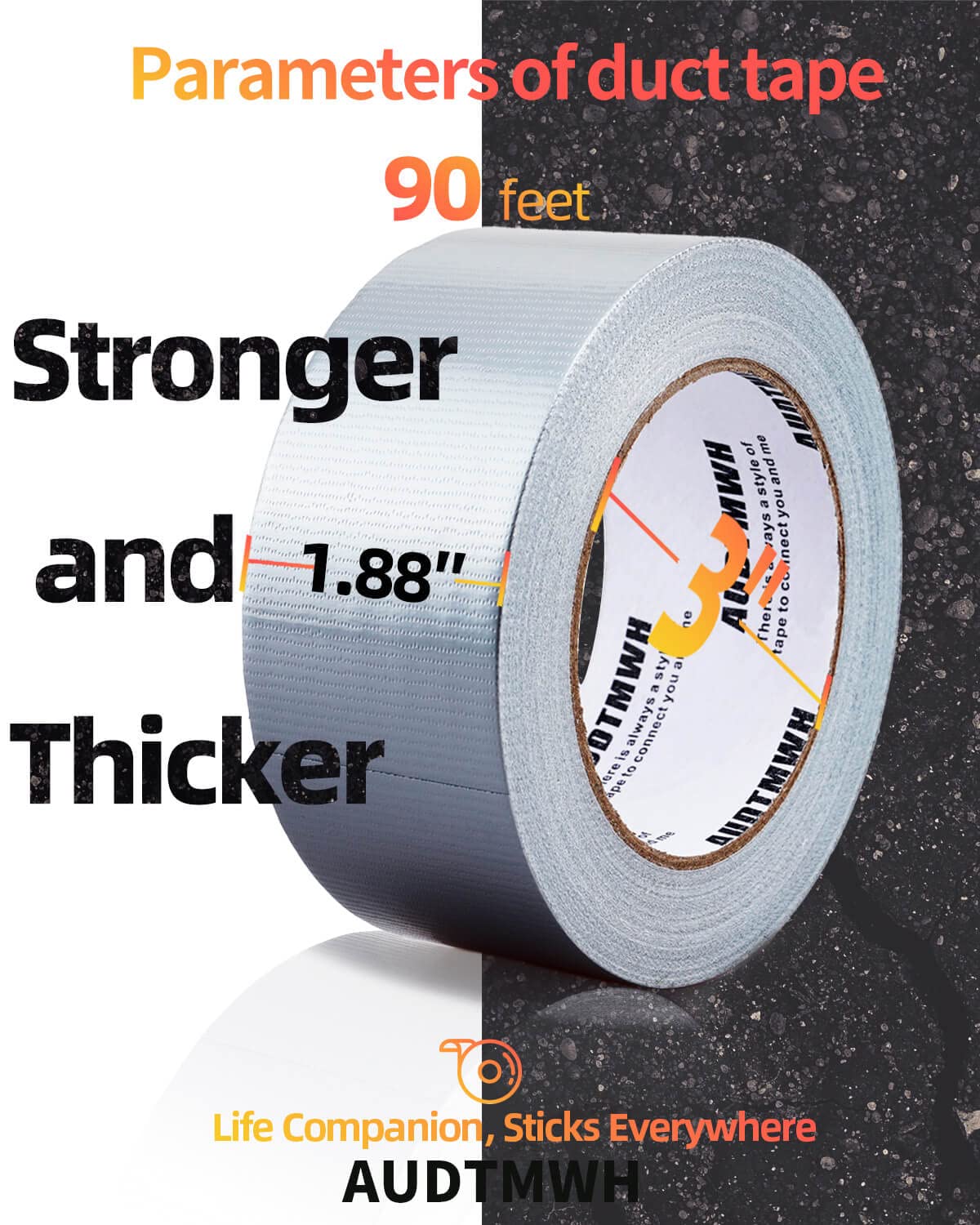 AUDTMWH Duct Tape Heavy Duty, 1.88 in x 90 ft, Silver, Waterproof, Temperature Resistant, Extreme Durability, Super Fix, No Residue, Industrial, for Duct Tape Crafts, 1 Roll