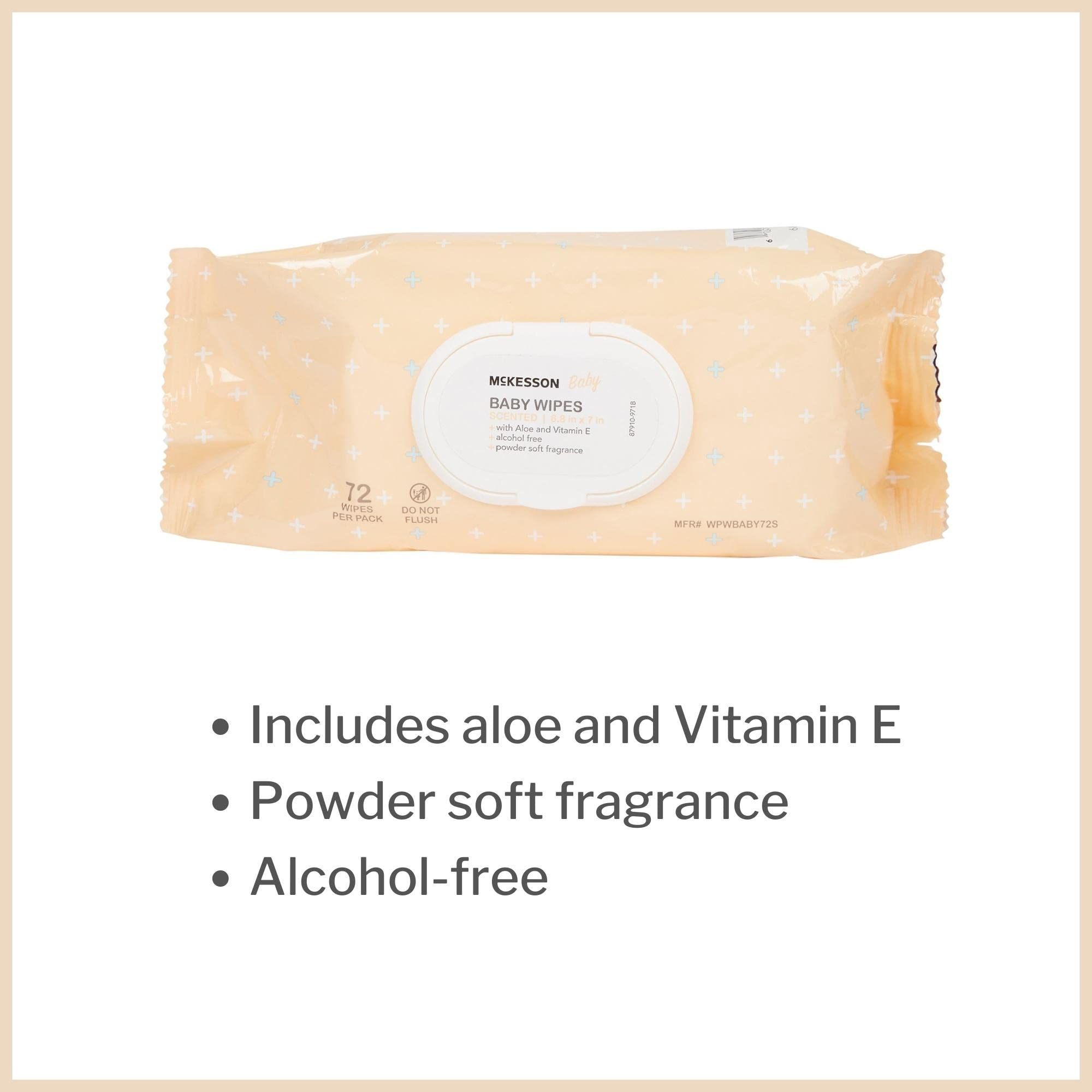 McKesson Baby Wipes - Scented with Powder Soft Fragrance, Contains Aloe and Vitamin E - 6.8 in x 7 in, 72 Wipes, 1 Pack