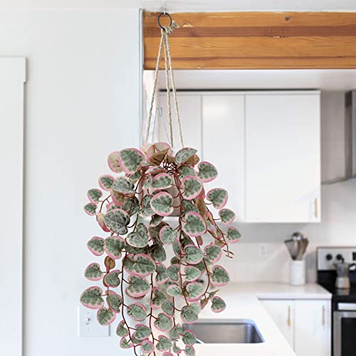 Briful Fake Plants 16'' Artificial String of Hearts Plants with Ceramic Pot Faux Pink White Ceropegia Woodii Succulent Plant for Home Bedroom Table Shelf Office Hotel Decor