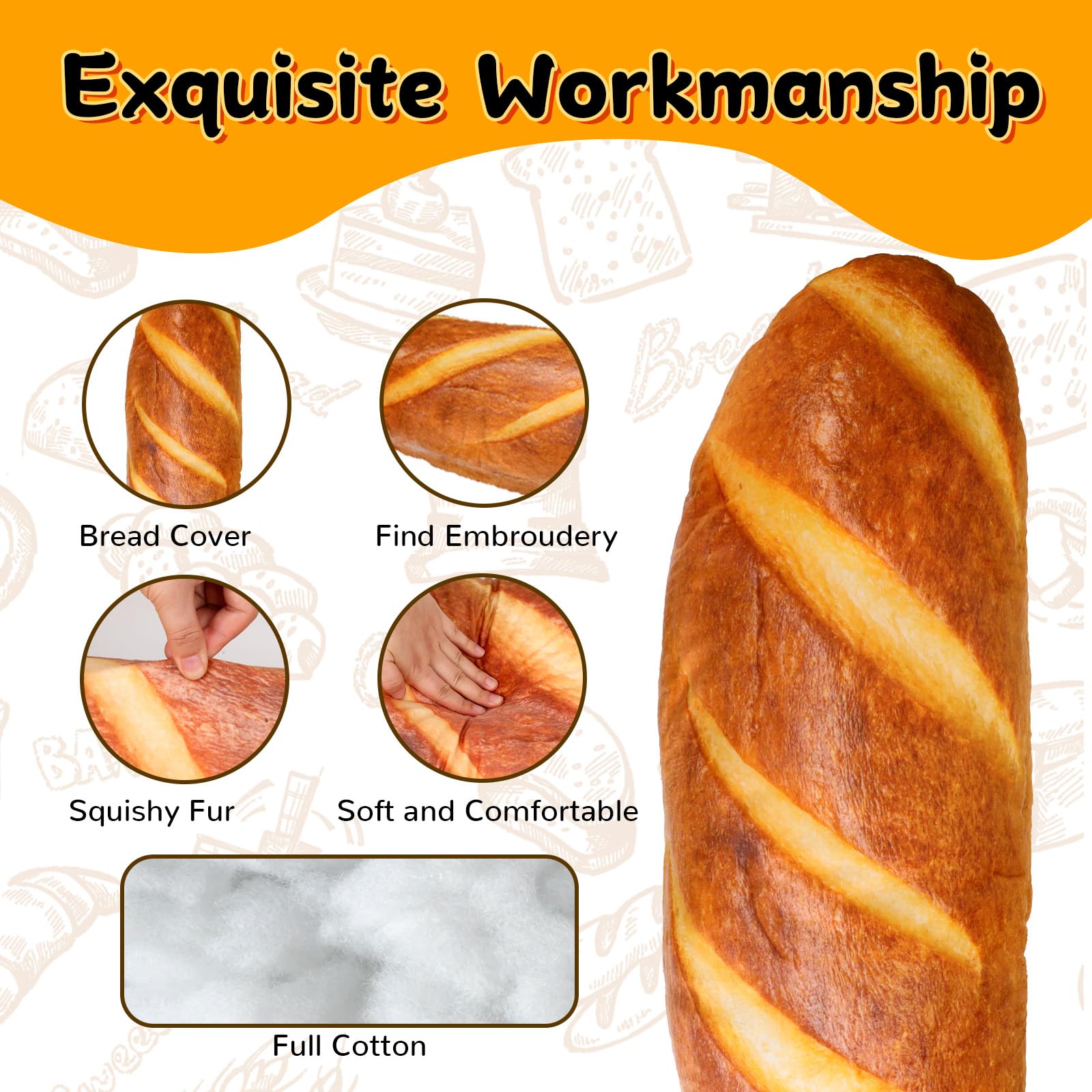 AUECOOME 40" Bread Pillow Giant Bread Plush Pillow 3D Simulation Baguette Pillow Funny Body Pillow Food Plush Christmas Stuffed Toys for Girls Boys