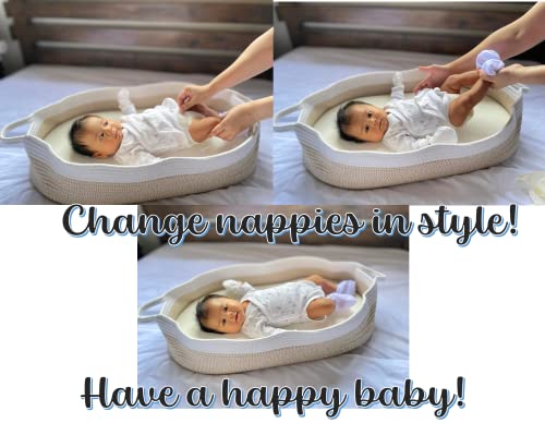 Lovely Nursery Baby Changing Basket Moses Basket 100% Cotton Rope and 1.2€ Thick Foam Pad with Removable Cover Change in Style and Comfort Beige/White Set