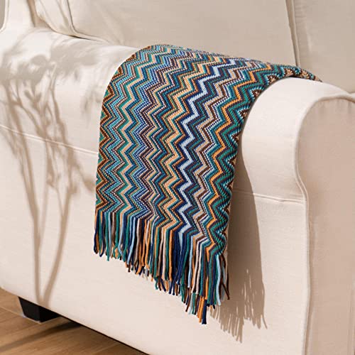 BATTILO PTY Boho Throw Blanket,Bohemian Throw Blankets with Tassel,Decorative Cozy Fall Christmas Throw Blankets for Couch Sofa Picnic (Blue, 50"×60")
