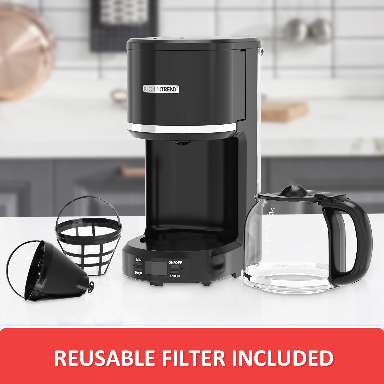 KITCHENTREND 12-Cup Programmable Coffee Maker with Permanent Filter, Removable Water Reservoir Coffee Machine, Drip Coffee Maker, Delay Brew, Timer & Keep Warm, Swing Open Brew Basket, Black