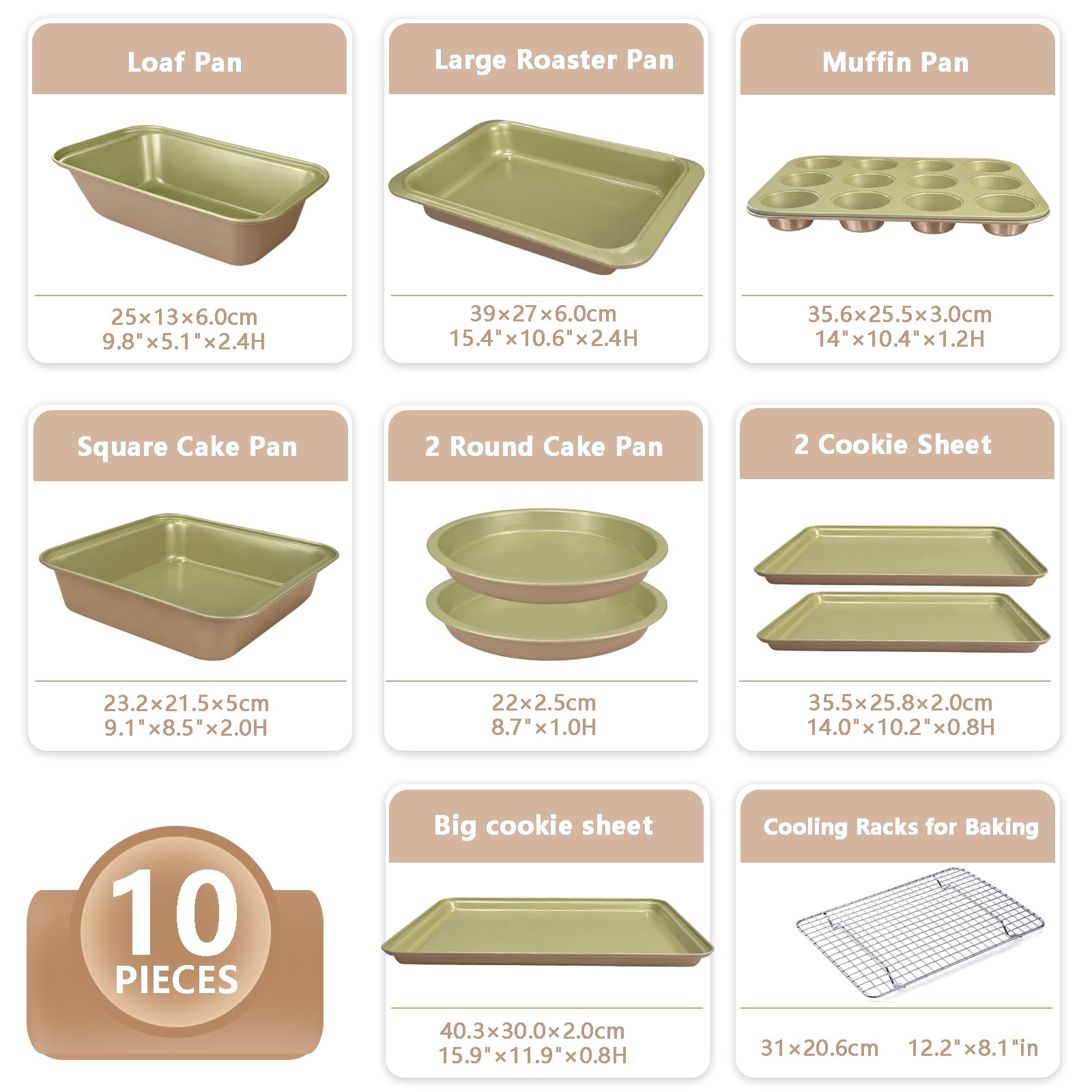 BETTERBEAUTY Nonstick Bakeware Set 10 Pcs, Professional Kitchen Bicolor Baking Pans Set with Cookie Sheets, Muffin Pan, Loaf Pan, Cake Pan and Cooling Rack, 0.8mm Thick/Dishwasher Safe/Heavy Duty