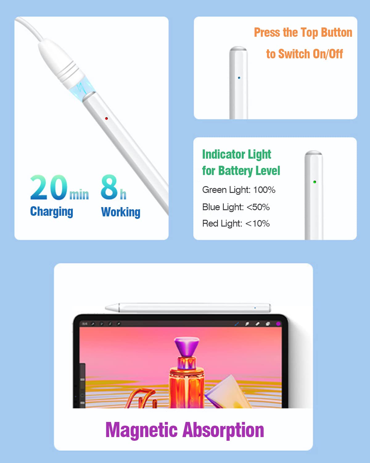 Active Stylus Pen for Touch Screens, High Precision Rechargeable Universal Stylus Pen for iPad Pro Air Mini, Pencil Compatible with Apple/Samsung/iPhone/Android/Microsoft Tablets/Smart Phones/Surface