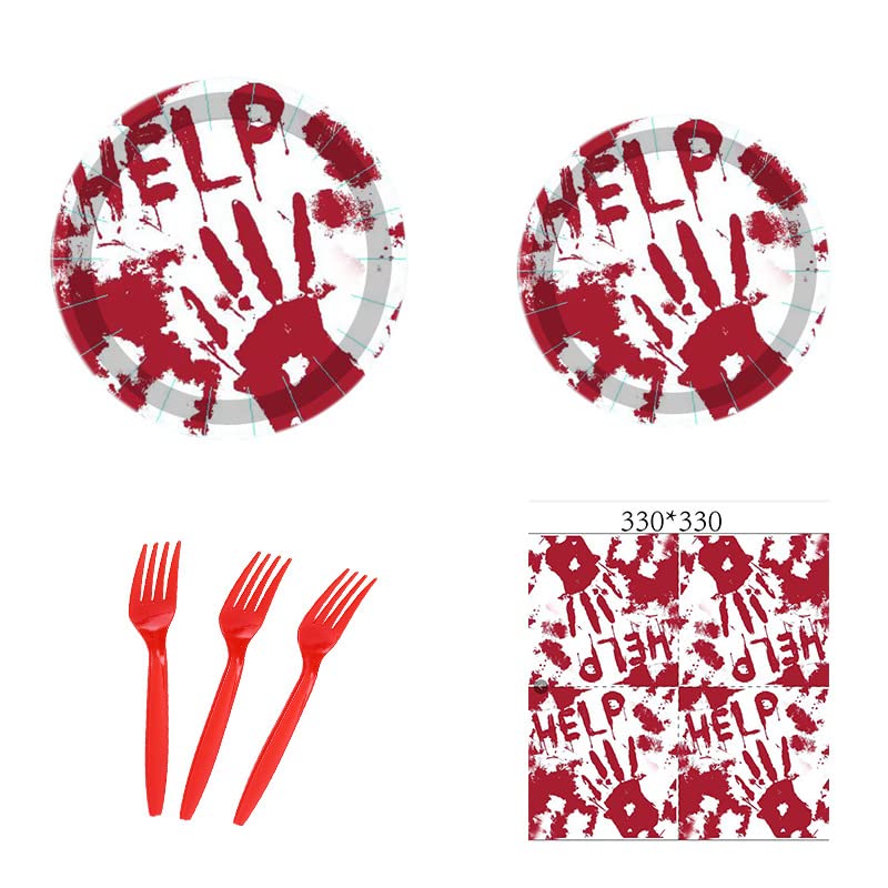 Bloody Good Time Party Tableware Set Halloween Zombie Skull Bloody Party Table Decorations Halloween Party Supplies Table Decorations Paper Plates Napkins Forks for 24 Guests(96 Pcs )