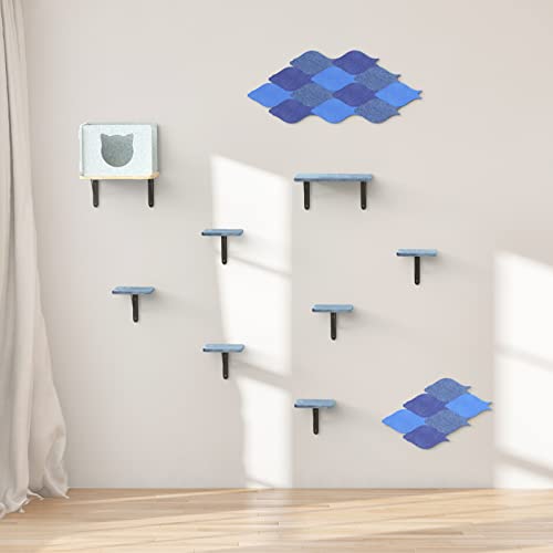 Bodato Cat Wall Shelves Set, Cat Wall Climbing Furniture - 7 Wooden Steps,1 Condo House and 2 Fish Shape Scratcher Included
