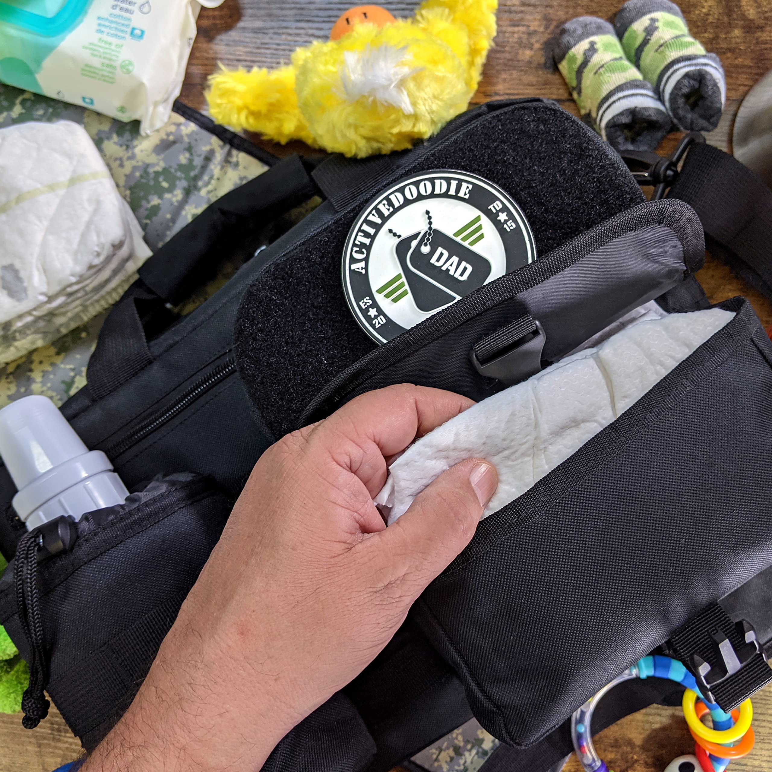 ActiveDoodie Dad Diaper Bag Messenger Combo with Changing Pad, Removable Molle Bottle Holder, Black with 8 Morale Patches