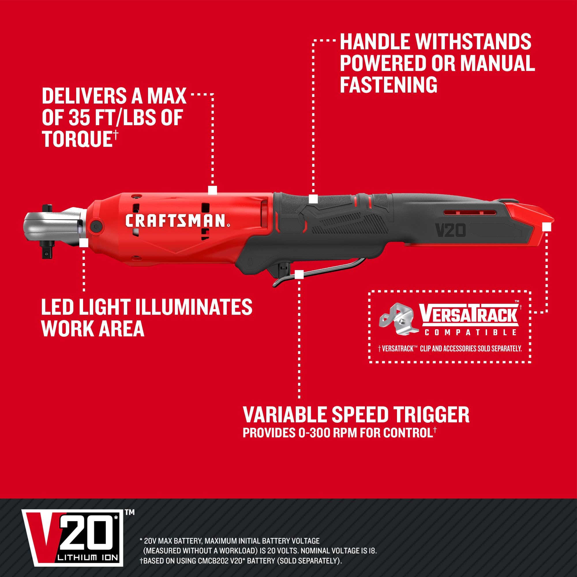 CRAFTSMAN V20 Cordless Ratchet Wrench, 1/4" Drive, 35 Ft-lbs of Torque, Bare Tool Only (CMCF934B)