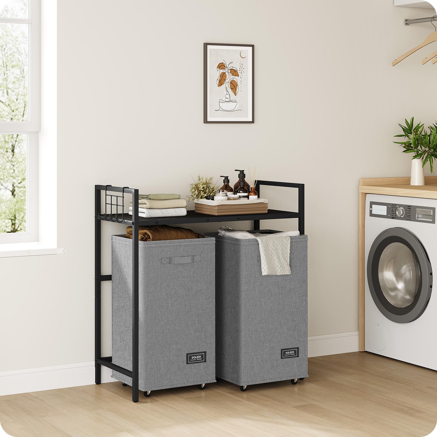 SOLEDI Double Laundry Hamper with Shelf, Rolling Laundry Basket with Wheels, Metal Frame Laundry Sorter Organizer, 120L Large Clothes Hamper for Laundry Room Bathroom Brown