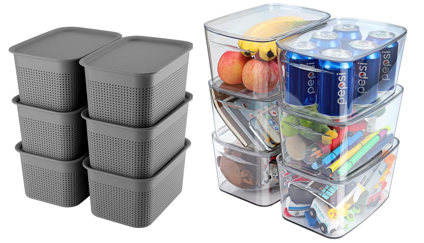AREYZIN Set of 6 Lidded Plastic Storage Baskets + 6 Pack Clear Storage Bins Freezer Organizer Bins Pantry Organization and Storage